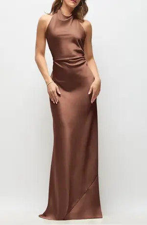 After Six Leona Bias Cut Charmeuse Halter Gown - Cognac