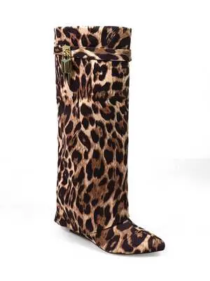 Frederick's Of Hollywood Maria Drape Over-the-knee Wedge Boots - Leopard
