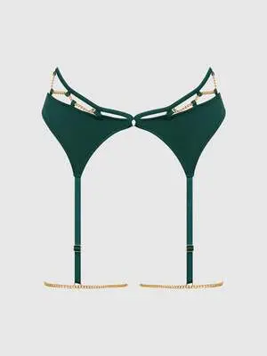 Frederick's Of Hollywood Emery Liquid Satin & Chain Thigh Garter Belt - Emerald