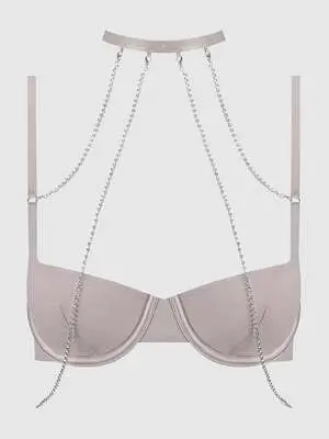 Frederick's Of Hollywood Pia Shine Mesh Demi Bra With Rhinestone Halter - Silver Grey