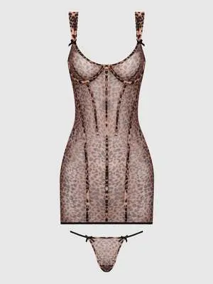 Frederick's Of Hollywood Kaia Mesh Underwire Chemise & G-string Set - Leopard