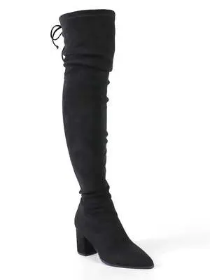 Frederick's Of Hollywood Stretchy Thigh High Stacked Heel Boots - Black