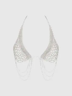 Frederick's Of Hollywood Ziggy Rhinestone Net Halter With Openable Front - Silver