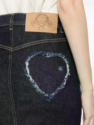 Moschino Flared Denim Midi Skirt With Heart Embroidery