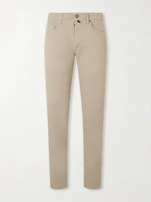 SLOWEAR Slim-fit Stretch Cotton-blend Gabardine Trousers - Neutrals