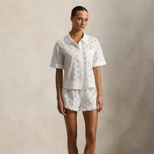 Ralph Lauren Eyelet Cotton Shirt & Short Pajama Set - White Cloud