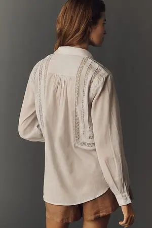 Anthropologie Lace Inset Buttondown Top