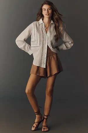 Anthropologie Lace Inset Buttondown Top