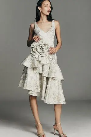 Mac Duggal 3d Floral Tiered Brocade Midi Dress - Mint
