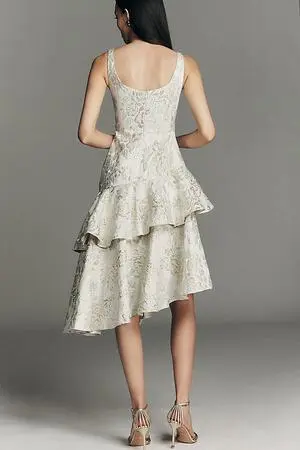 Mac Duggal 3d Floral Tiered Brocade Midi Dress