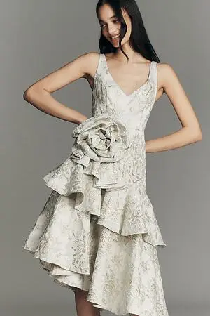 Mac Duggal 3d Floral Tiered Brocade Midi Dress