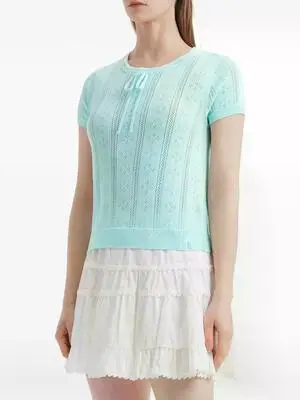 TOUT A COUP Tie Neck Openwork Sweater - Blue