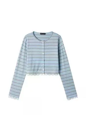 TOUT A COUP Striped Cardigan With Lace Trim - Blue