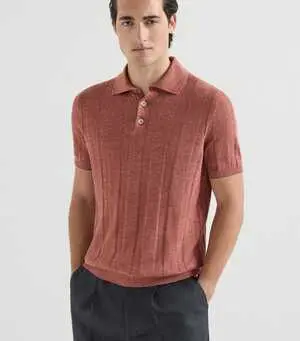 Brunello Cucinelli Linen-cotton Rib-knit Polo Sweater - Orange