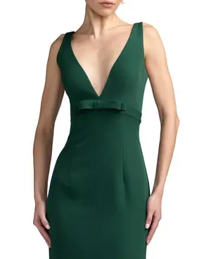 Mac Duggal Crepe V-neck Mermaid Gown With Bow Detail - Emerald