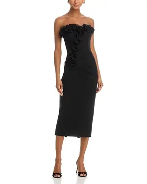 Aqua Scuba Crepe Strapless Ruffle Midi Dress - Black