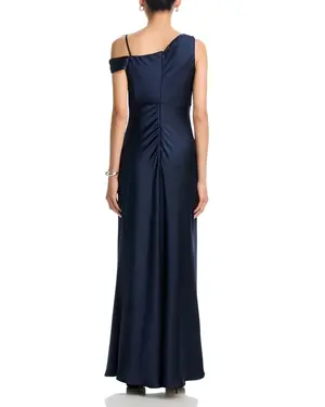 Aqua Long One Shoulder Gown - Navy