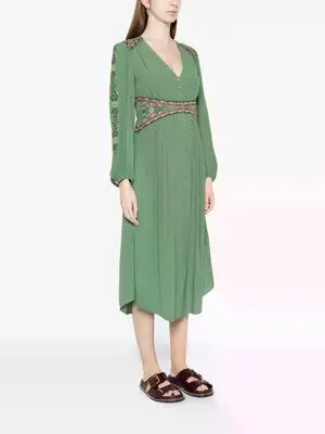 Ba&sh Embroidered Buttoned Midi Dress - Green