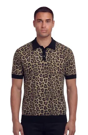 LORDS OF HARLECH Leopard Merino Silk Cashmere Polo - Leopard Brown