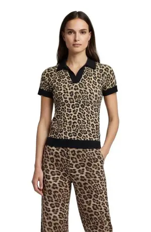 LORDS OF HARLECH Leopard Merino Silk Cashmere Polo - Leopard Brown