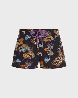 Vilebrequin Embroidered Stretch Swim Trunks Coral Reef Limited Edition Shorty Fiona - Black