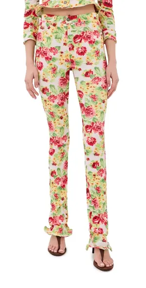 Acne Studios Floral Print Ribbed Stretch Trousers With Ruffled Hem - Pink/multi