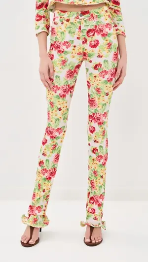 Acne Studios Floral Print Ribbed Stretch Trousers With Ruffled Hem - Pink/multi