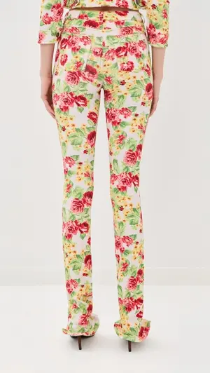 Acne Studios Floral Print Ribbed Stretch Trousers With Ruffled Hem - Pink/multi
