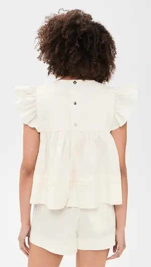GANNI Frill-sleeve Poplin Top - Egret