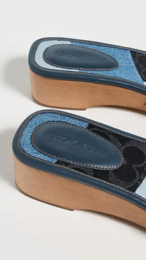 COACH Margot Patchwork Denim Wooden Platform Sandals - Dark Indigo Patchwork Denim