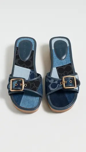 COACH Margot Patchwork Denim Wooden Platform Sandals - Dark Indigo Patchwork Denim