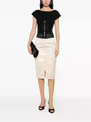 Elisabetta Franchi High Waist Taffeta Ostrich Print Pencil Skirt