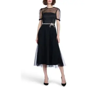 EMILY SHALANT Tulle Overlay Illusion Neck Cocktail Dress - Black