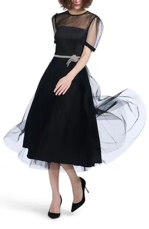 EMILY SHALANT Tulle Overlay Illusion Neck Cocktail Dress