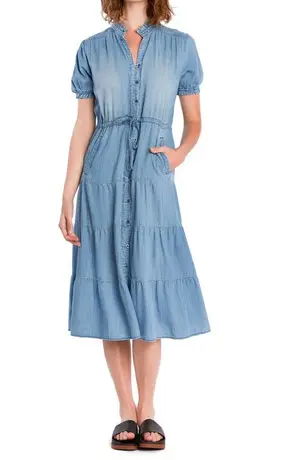 BILLY T Tie Waist Tiered Chambray Midi Dress - Denim