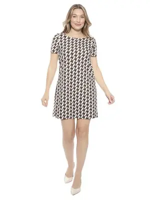 24SEVEN COMFORT APPAREL Geometric Print Mini Shift Dress - Brown Multi