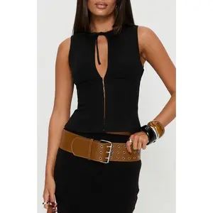 Princess Polly Alissea Keyhole Linen Blend Top - Black