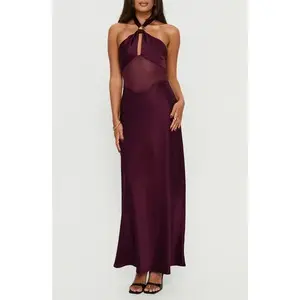 Princess Polly Sheer Panel Satin Halter Gown - Plum