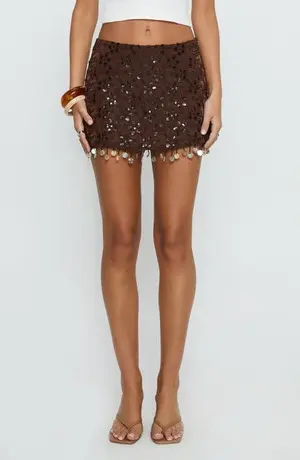 Princess Polly Sequin Beaded Mini Skort - Brown