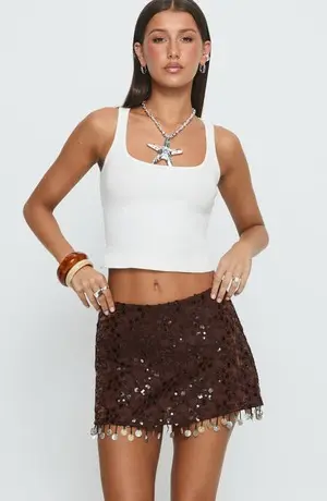 Princess Polly Sequin Beaded Mini Skort - Brown