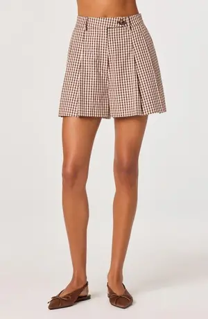 Astr The Label Preston Gingham Pleated Cotton Shorts - Brown Checker