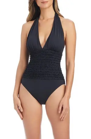 BLEU BY ROD BEATTIE Ruffle Halter One-piece Swimsuit - Black