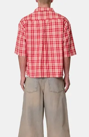 Mnml Plaid Crop Short Sleeve Cotton Flannel Button-up Shirt