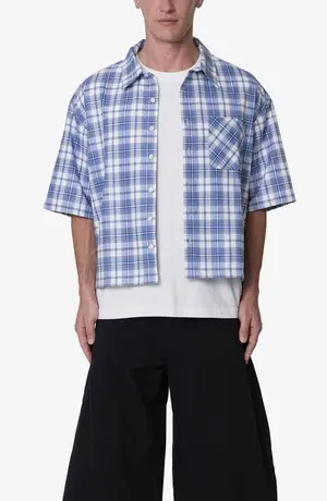 Mnml Plaid Crop Short Sleeve Cotton Flannel Button-up Shirt - Blue