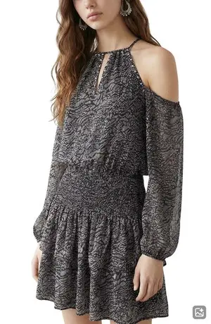 Mango Long Sleeve Cold Shoulder Minidress - Navy
