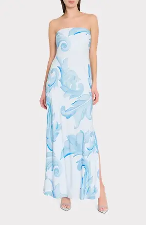 MILLY Vera Floral Print Strapless Dress - Light Blue