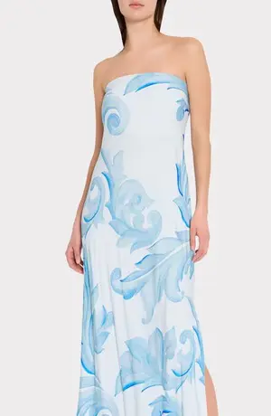 MILLY Floral Print Strapless Dress - Light Blue