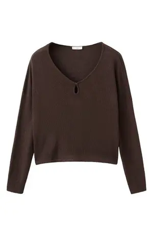 Mango Semisheer V-neck Crop Sweater - Brown