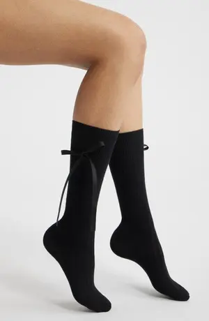 HIGH HEEL JUNGLE Satin Ribbon Crew Socks - Black