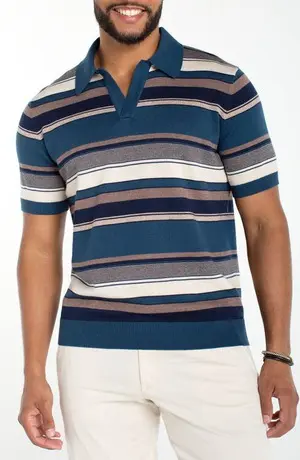 LIVERPOOL Striped Johnny Collar Polo Sweater - Navy Multi